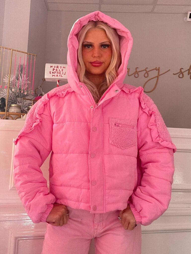 Custom Pink Puff Jacket with Ruffle & Sherpa Detail - Wingtu Apparel